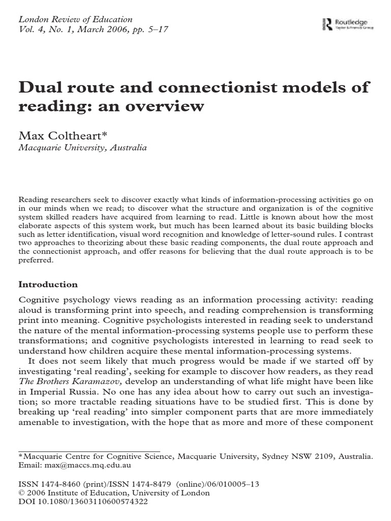 Dual Route and Connectionist Models of Reading: An Overview: Max ...