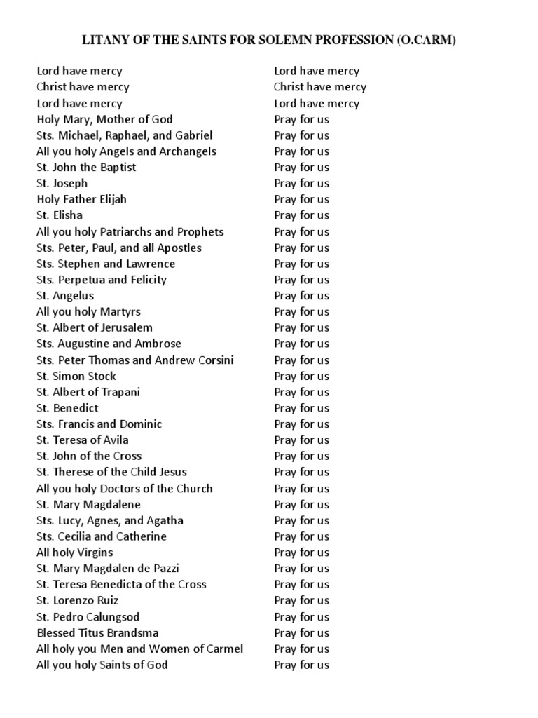 Litany of Saints for Solemn Profession of Vows in the Order of ...