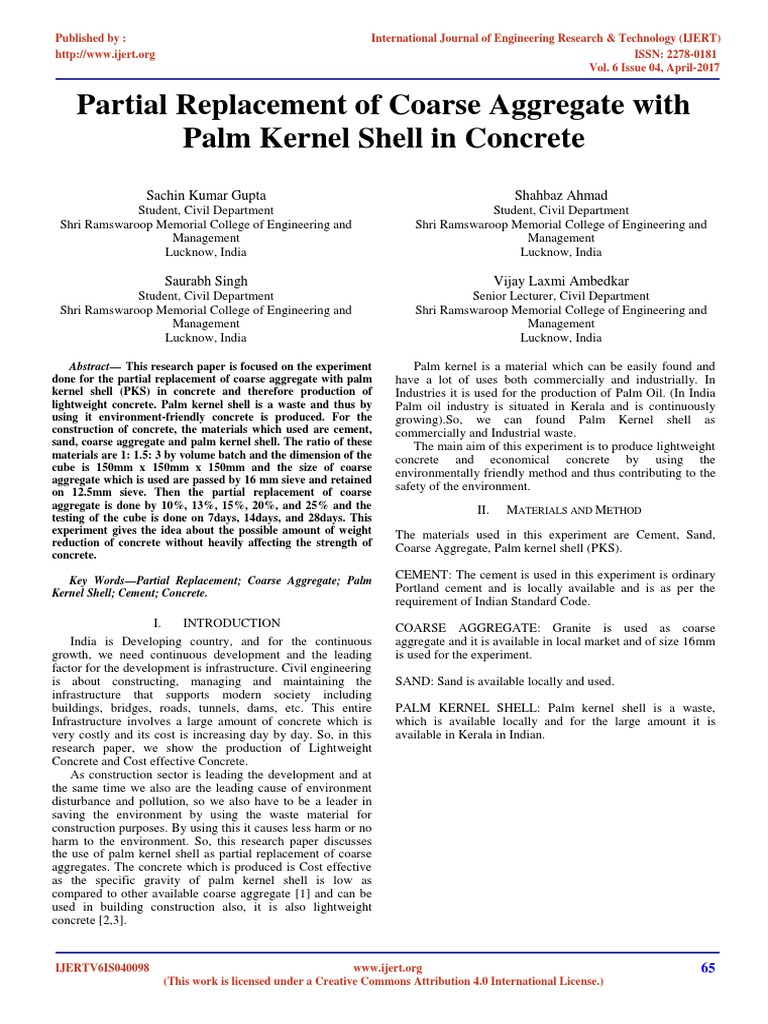 Partial Replacement of Coarse Aggregate With Palm Kernel Shell in ...