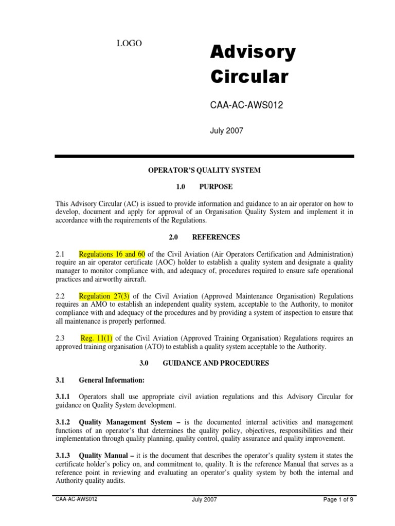 CAA-AC-AWS012 Draft Quality Assurance System | PDF | Iso 9000 | Audit