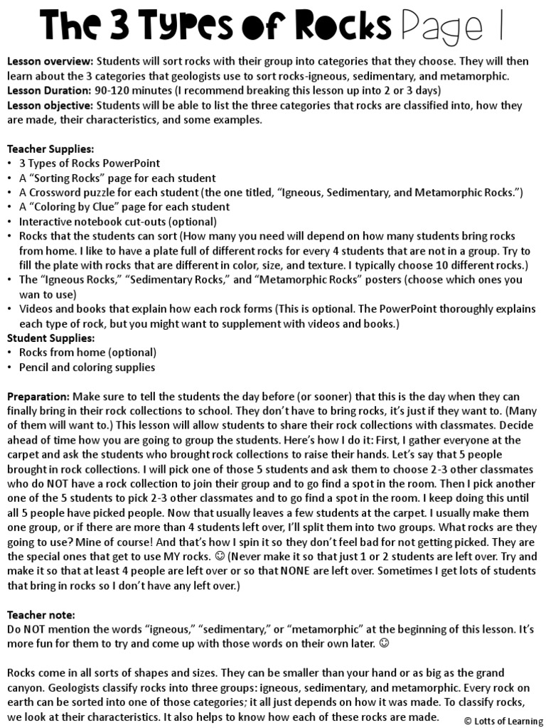 The 3 Types of Rocks Lesson Plan | PDF | Rock (Geology) | Igneous Rock