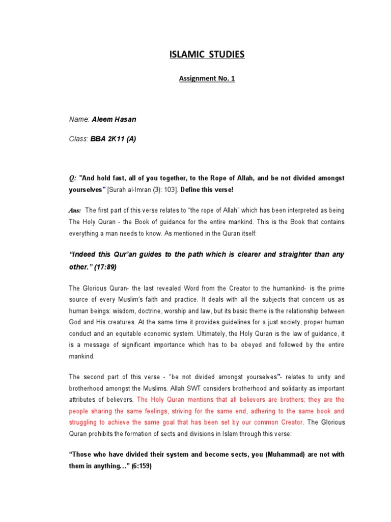 ISLAMIC STUDIES Assignment 1 | PDF | Quran | Islam