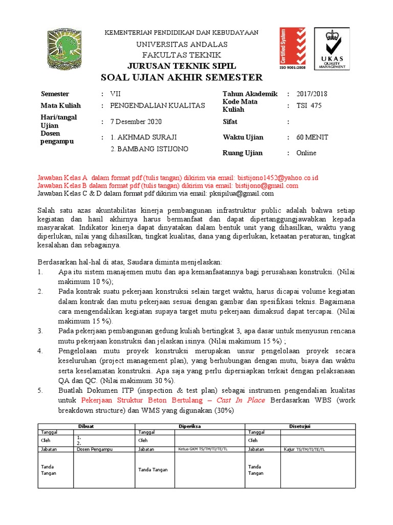 Soal UAS Pengendalian Kualitas - 2020 | PDF