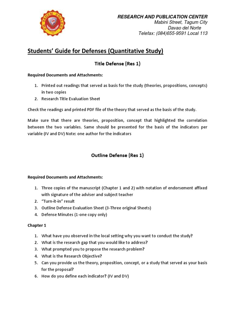 Students' Guide For Defenses (Quantitative Study) : Title Defense (Res 1) | PDF | Statistics ...