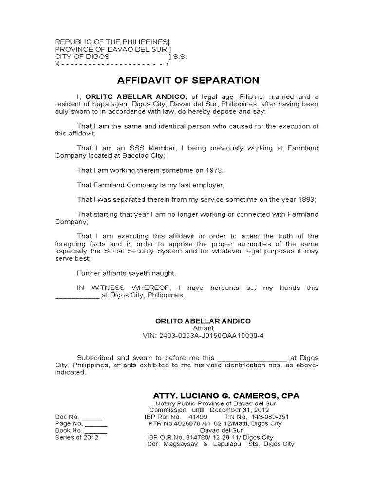 Affidavit of Separation: Atty. Luciano G. Cameros, Cpa | PDF ...