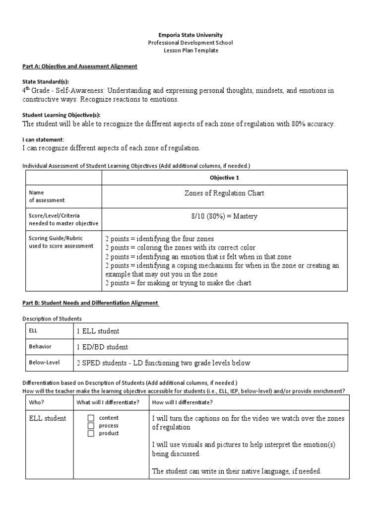 Zones of Regulation Lesson Plan Example | Download Free PDF ...