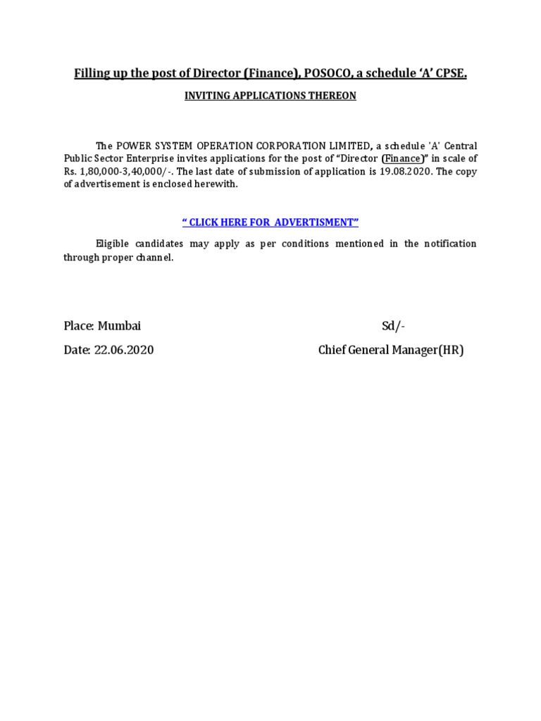 Director (Finance) Position at POSOCO | PDF | Business