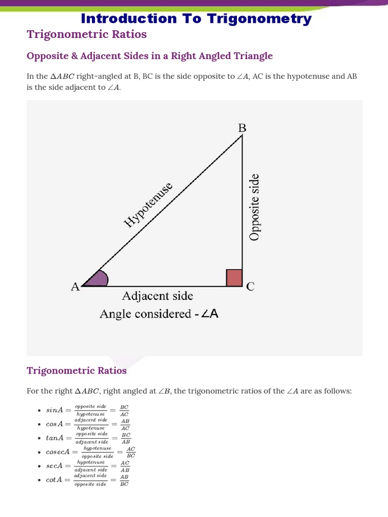 Trigonometric Ratios: Opposite & Adjacent Sides in A Right Angled ...