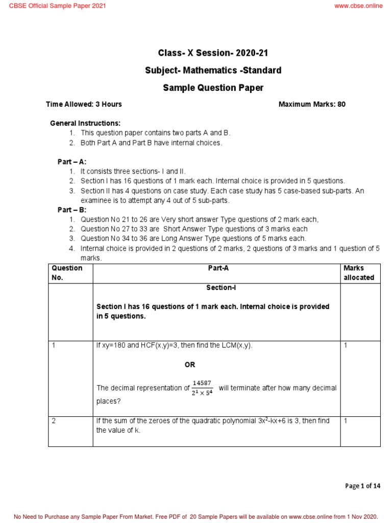 Class-X Session - 2020-21 Subject - Mathematics - Standard Sample ...