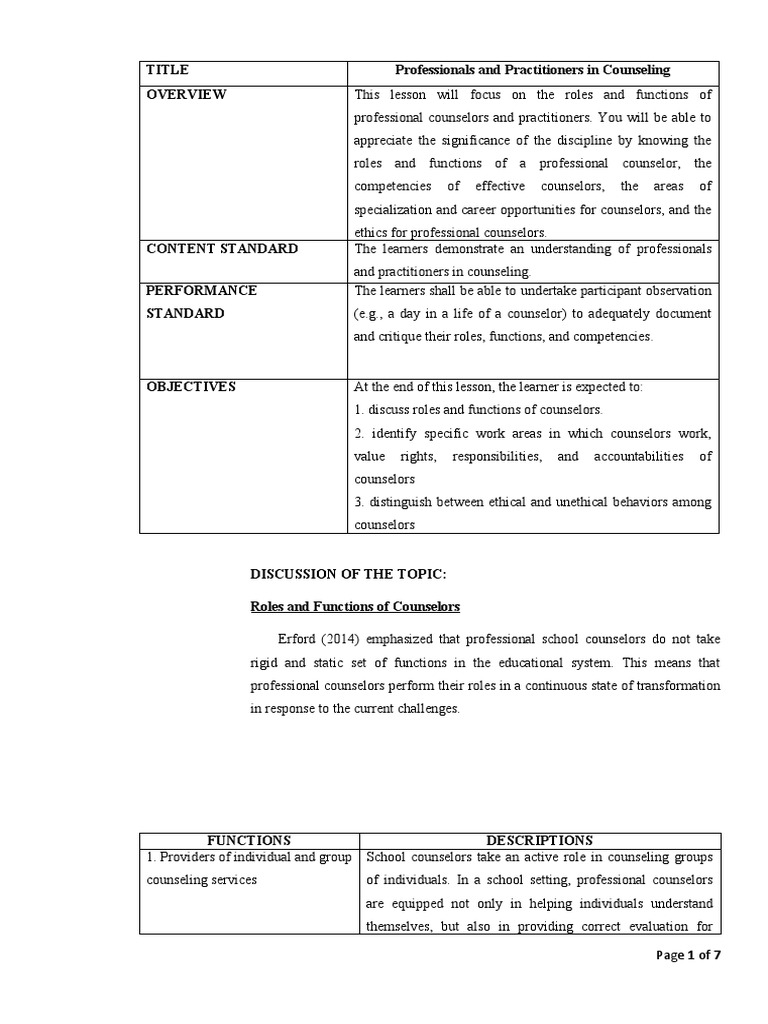 Title Professionals and Practitioners in Counseling | PDF | School ...