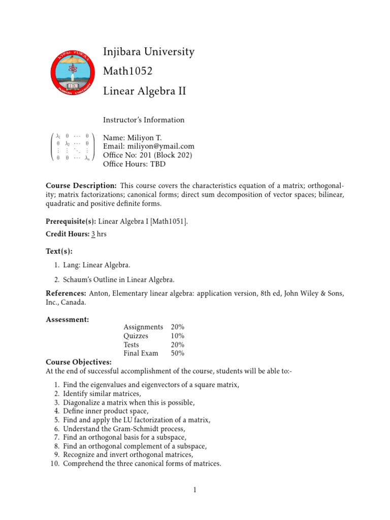 Linear Algebra II Syllabus | PDF | Matrix (Mathematics) | Linear Algebra
