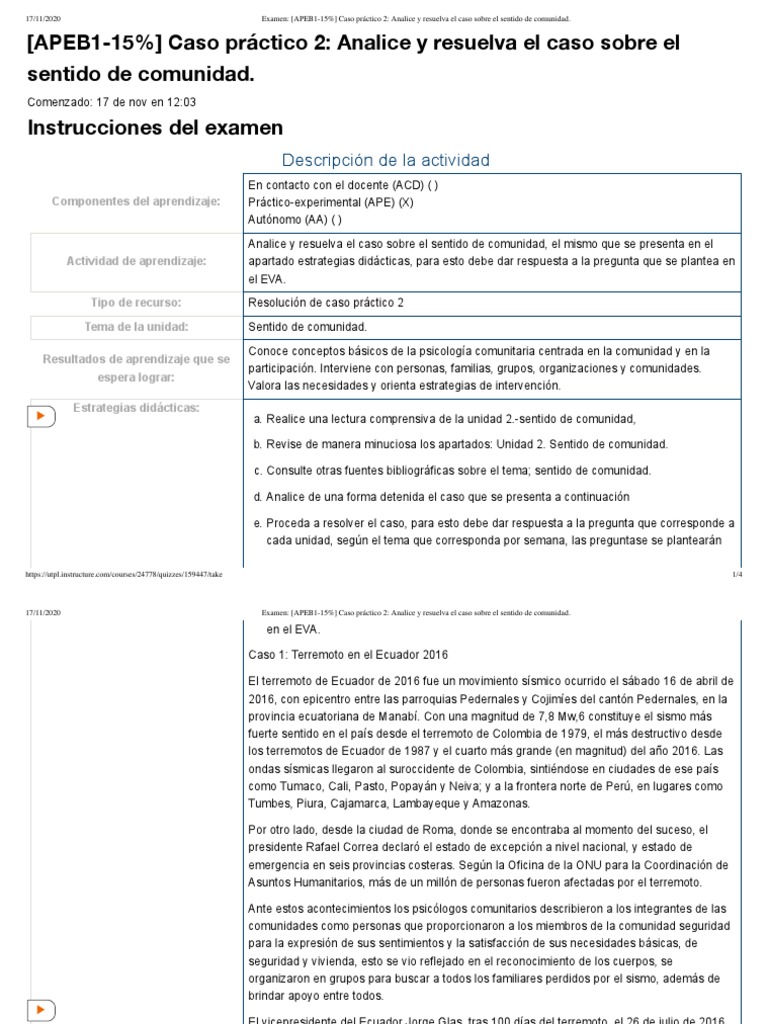 PSICOLOGIA COMUNITARIA Examen - (APEB1-15%) Caso Práctico 2 - Analice y Resuelva El Caso Sobre ...