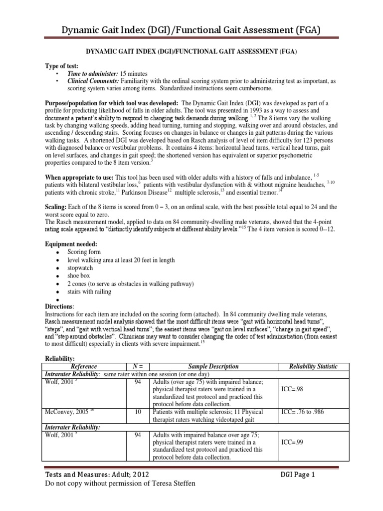 Dynamic Gait Index (DGI) /functional Gait Assessment (FGA) | PDF ...