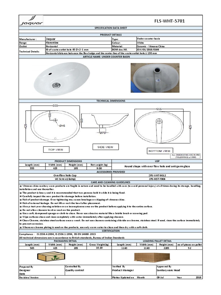 FLS-WHT-5701 - Wash Basin | PDF | Pallet | Sink