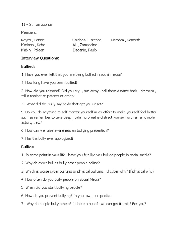 Interview Questions: Bullied | PDF | Bullying | Interview