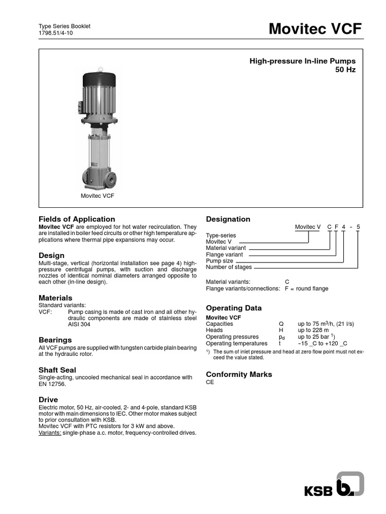 Movitec VCF: High-Pressure In-Line Pumps 50 HZ | PDF | Pump | Electric ...