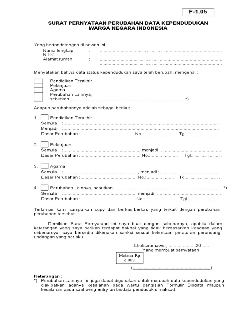Formulir Perubahan Biodata Penduduk F1.05 | PDF