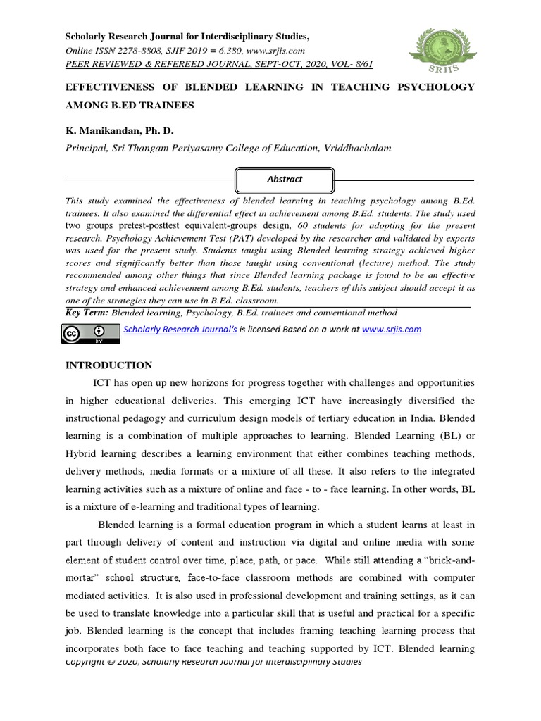 Effectiveness Of Blended Learning In Teaching Psychology Among B Ed Trainees Pdf Educational