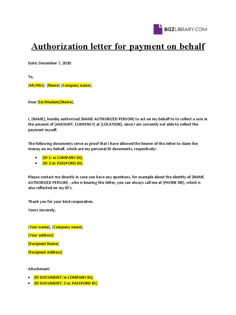 Authorization Letter For Payment On Behalf | PDF | Career & Growth ...