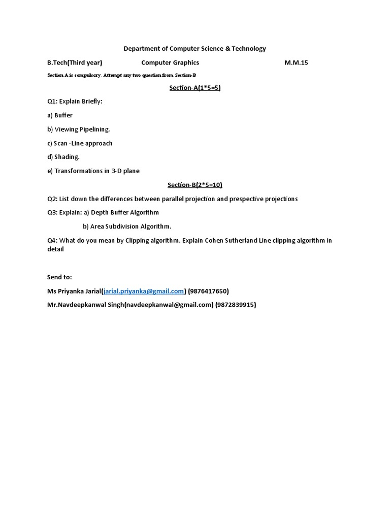Computer Graphics B.Tech Exam Questions | PDF