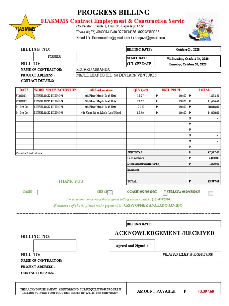 FIASMMS Client Progress Billing Format-DEVLARN | PDF | Payments | Economies