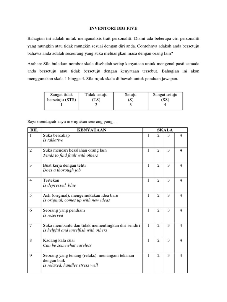 Ujian Inventori Big Five Personaliti | PDF