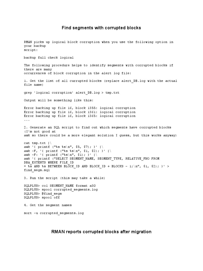 Find Segments With Corrupted Blocks | PDF | Database Index | Software ...