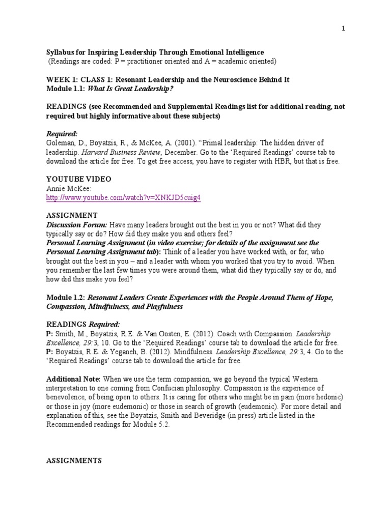 Syllabus For Inspiring Leadership Through Emotional Intelligence PDF ...