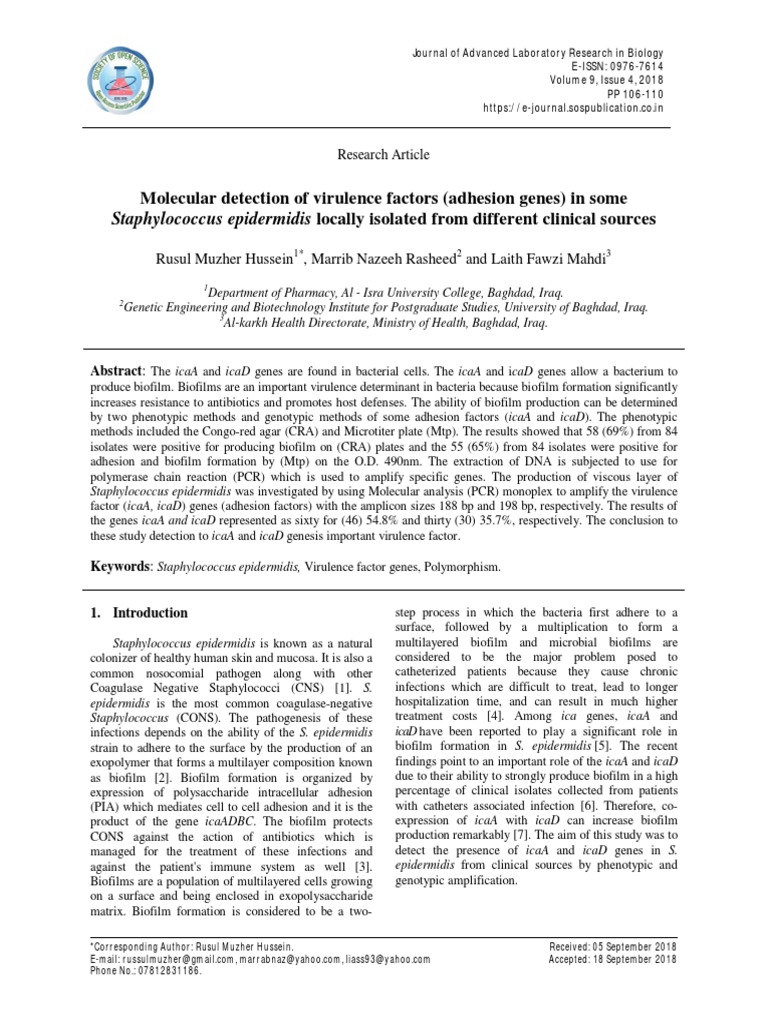 Molecular Detection Of Virulence Factors Adhesion Genes In Some Staphylococcus Epidermidis
