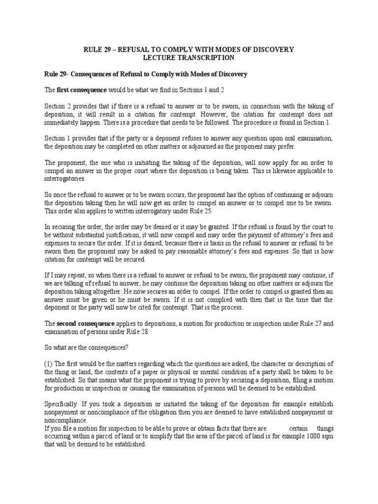 Rule 29 - Refusal To Comply With Modes of Discovery Lecture ...