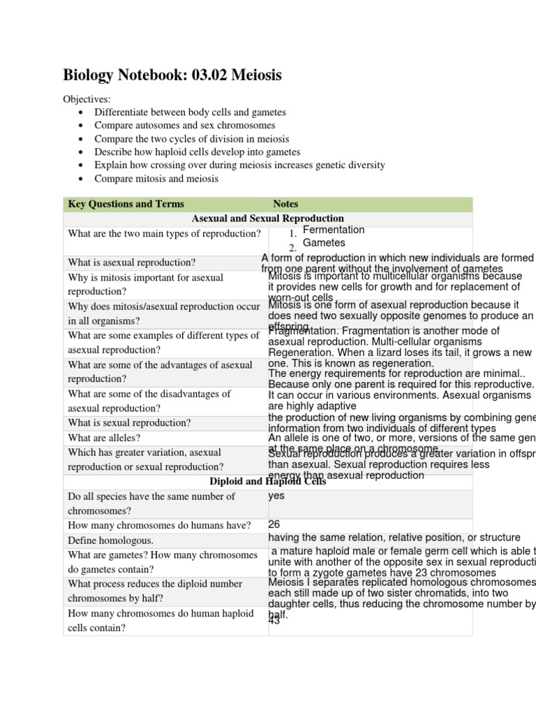 Biology Notebook: 03.02 Meiosis: Key Questions and Terms Notes Asexual ...