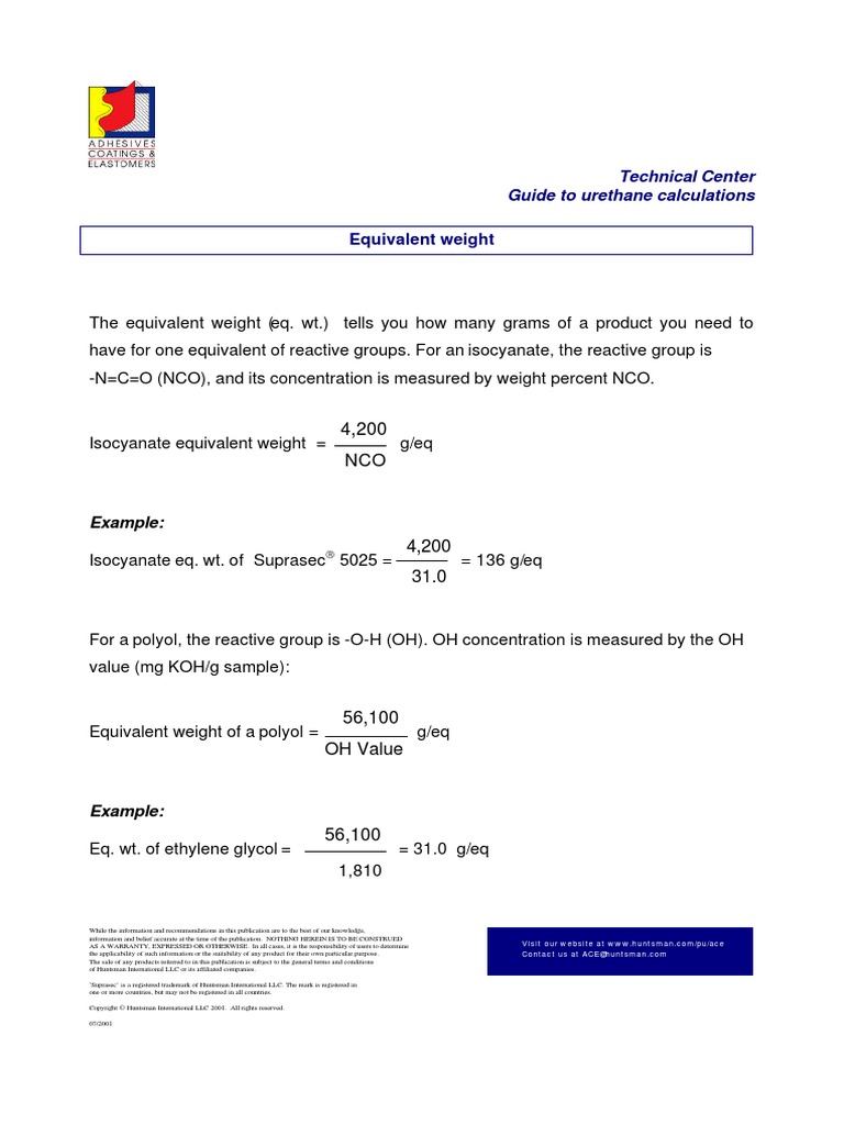 Equivalent Weight: Technical Center Guide To Urethane Calculations ...