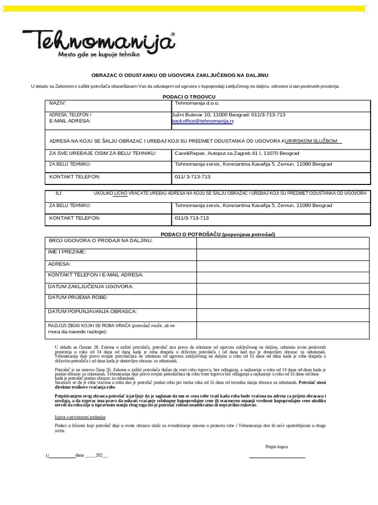 Obrazac Za Odustanak Od Ugovora PDF | PDF