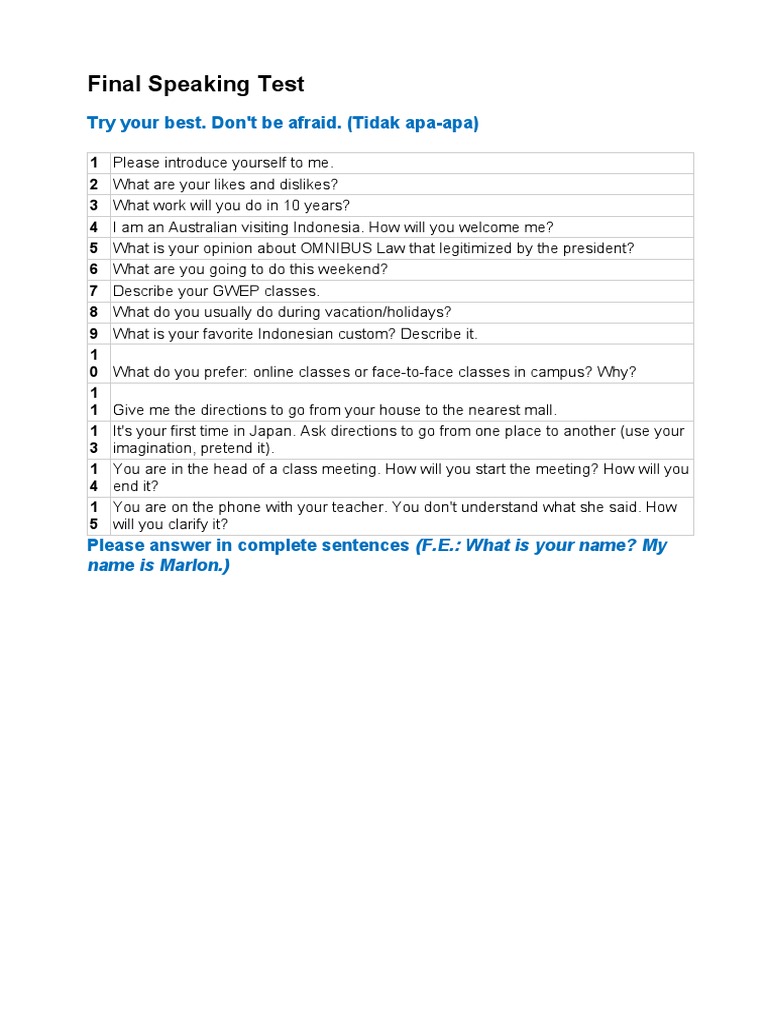 Final Speaking Test: Try Your Best. Don't Be Afraid. (Tidak Apa-Apa) | PDF