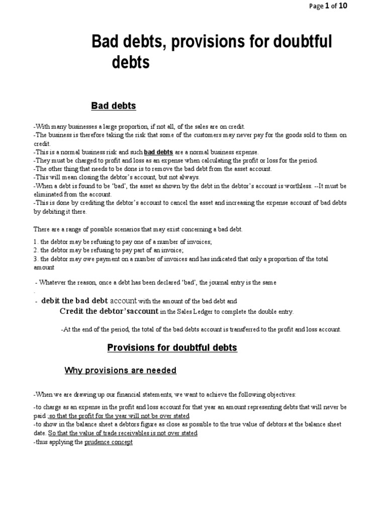 Provisions For Bad Bedt | PDF | Bad Debt | Debits And Credits