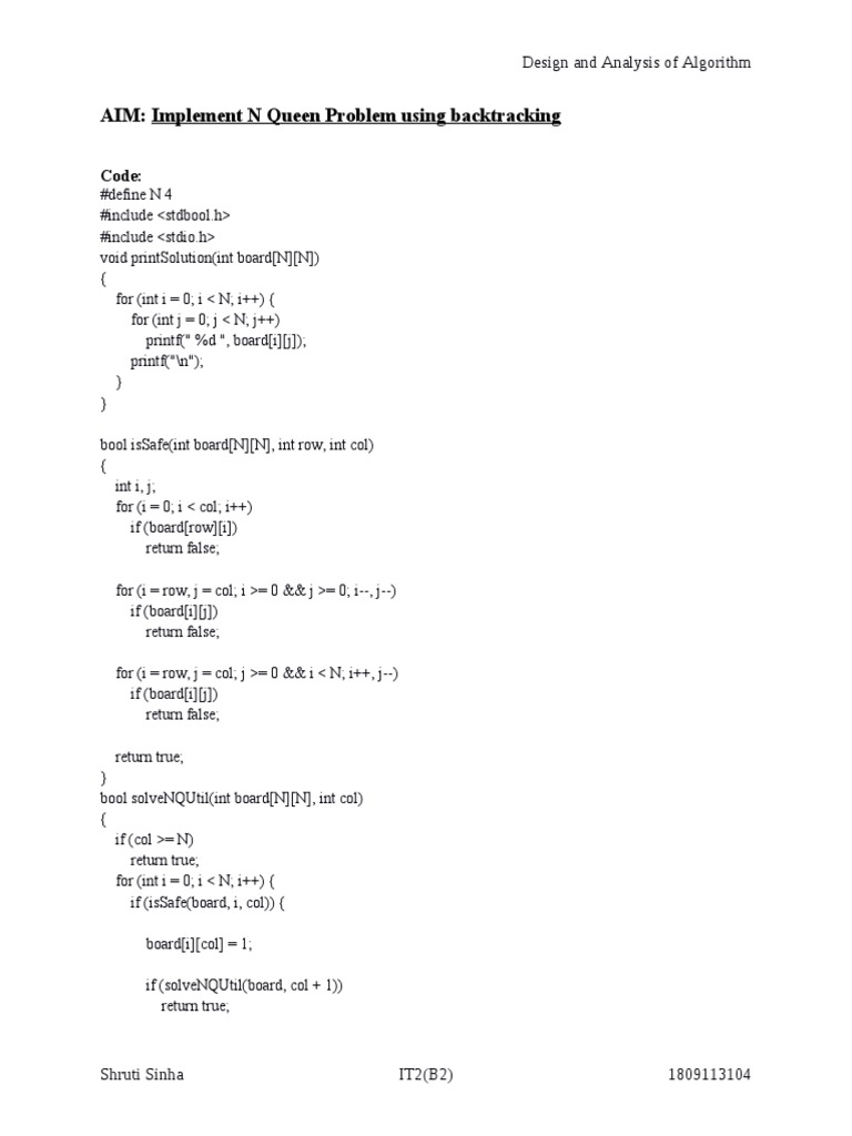 N Queen Problem Backtracking Code | PDF