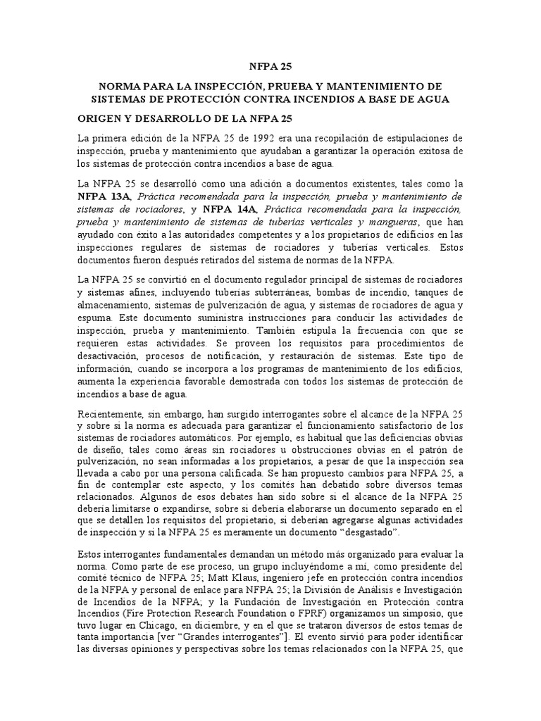 Desarrollo de Norma Nfpa 25 | PDF | Sistema de rociadores contra ...