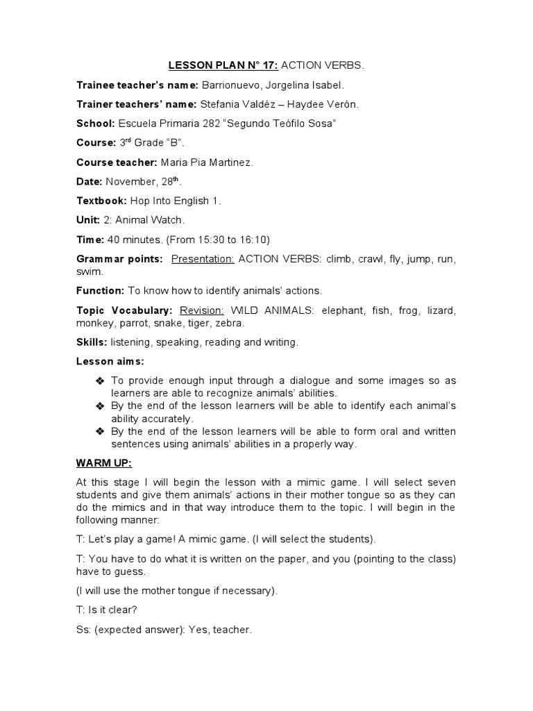 LESSON PLAN Action Verbs | PDF | English Language | Human Communication