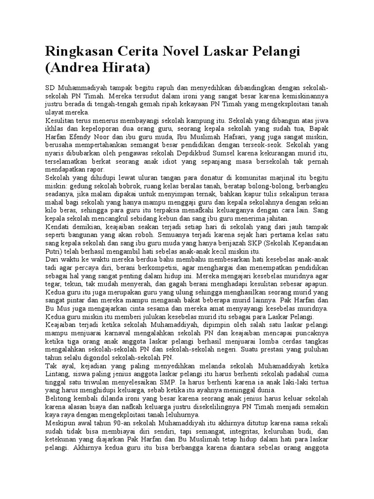 Ringkasan Cerita Novel Laskar Pelangi | PDF