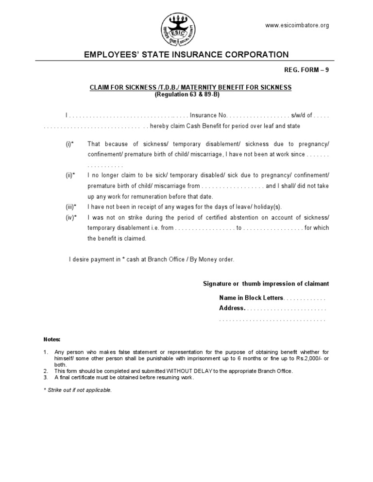 Esic Claim Sickness Form9 | PDF | Government | Social Institutions
