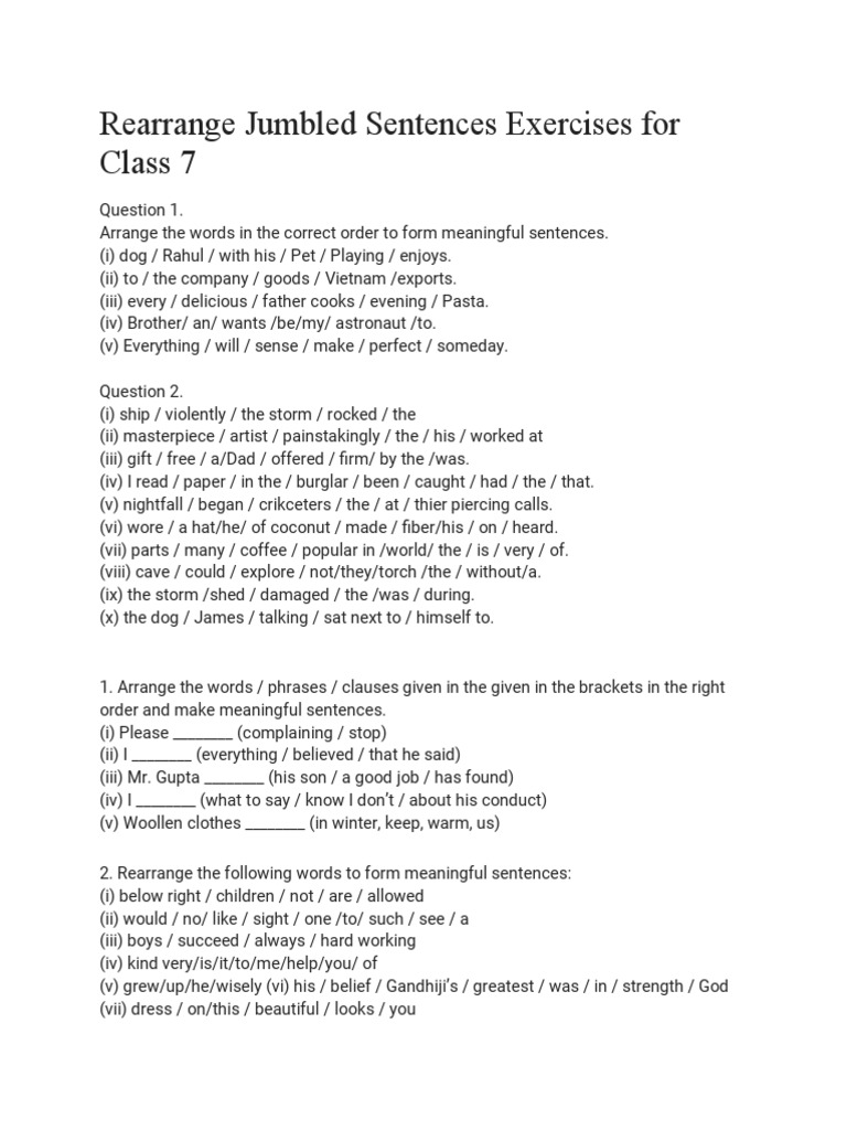 Rearrange Jumbled Sentences Exercises For Class 7 | PDF
