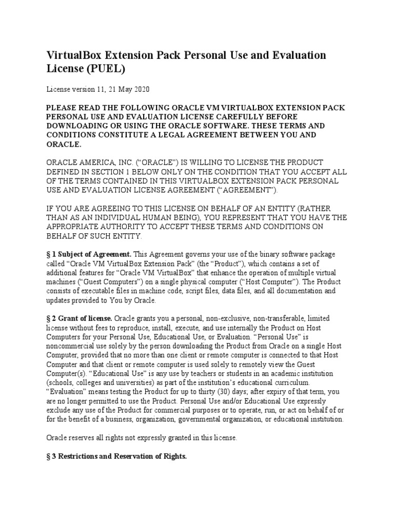 Virtualbox Extension Pack Personal Use and Evaluation License (Puel ...