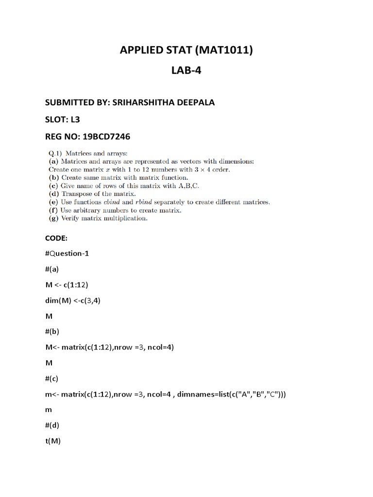 19bcd7246 Lab4,5,6,7 Mat1011 PDF | PDF | Random Variable | Probability Distribution