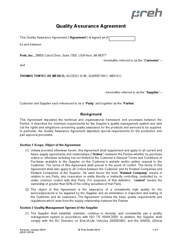 Quality Assurance Agreement Overview | PDF | Electronic Data ...
