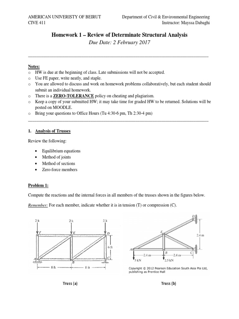 Homework 1 - Review of Determinate Structural Analysis: Due Date: 2 ...