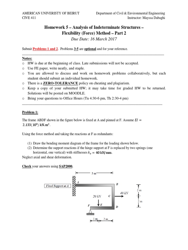 Homework 5 - Analysis of Indeterminate Structures - Flexibility (Force) Method - Part 2 | PDF ...