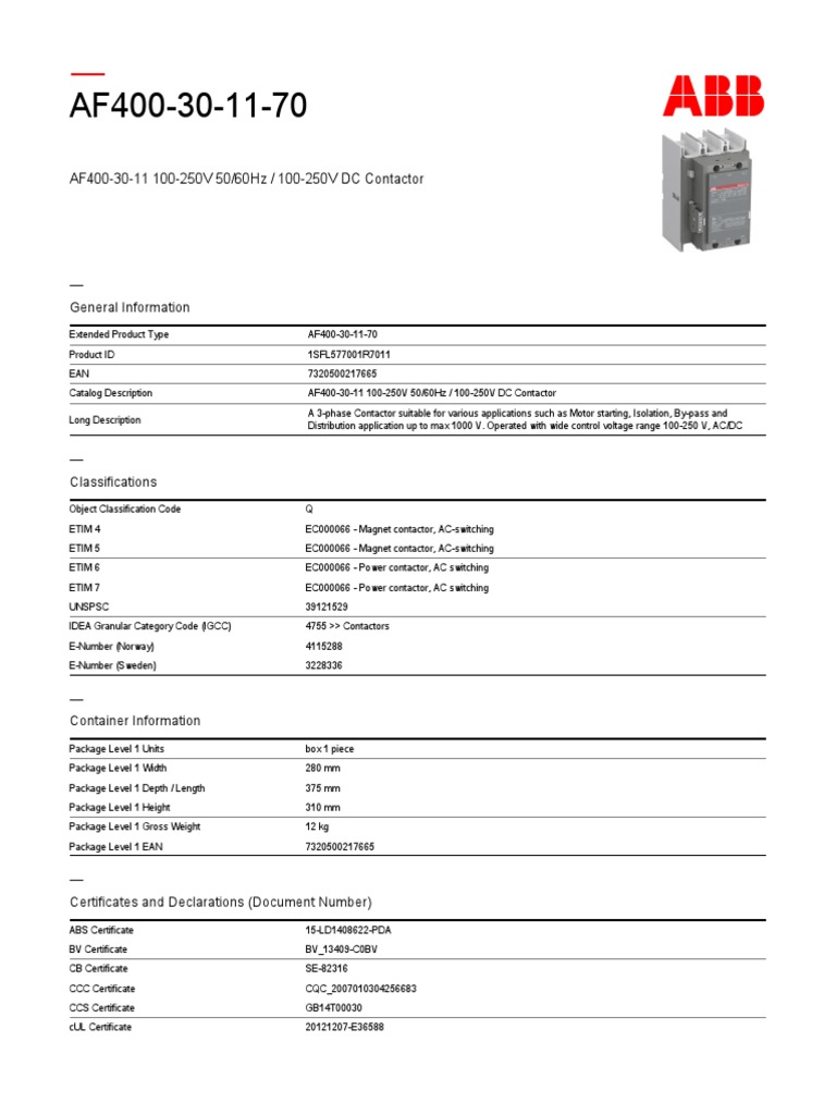 AF400-30-11 100-250V 50/60Hz / 100-250V DC Contactor: General ...
