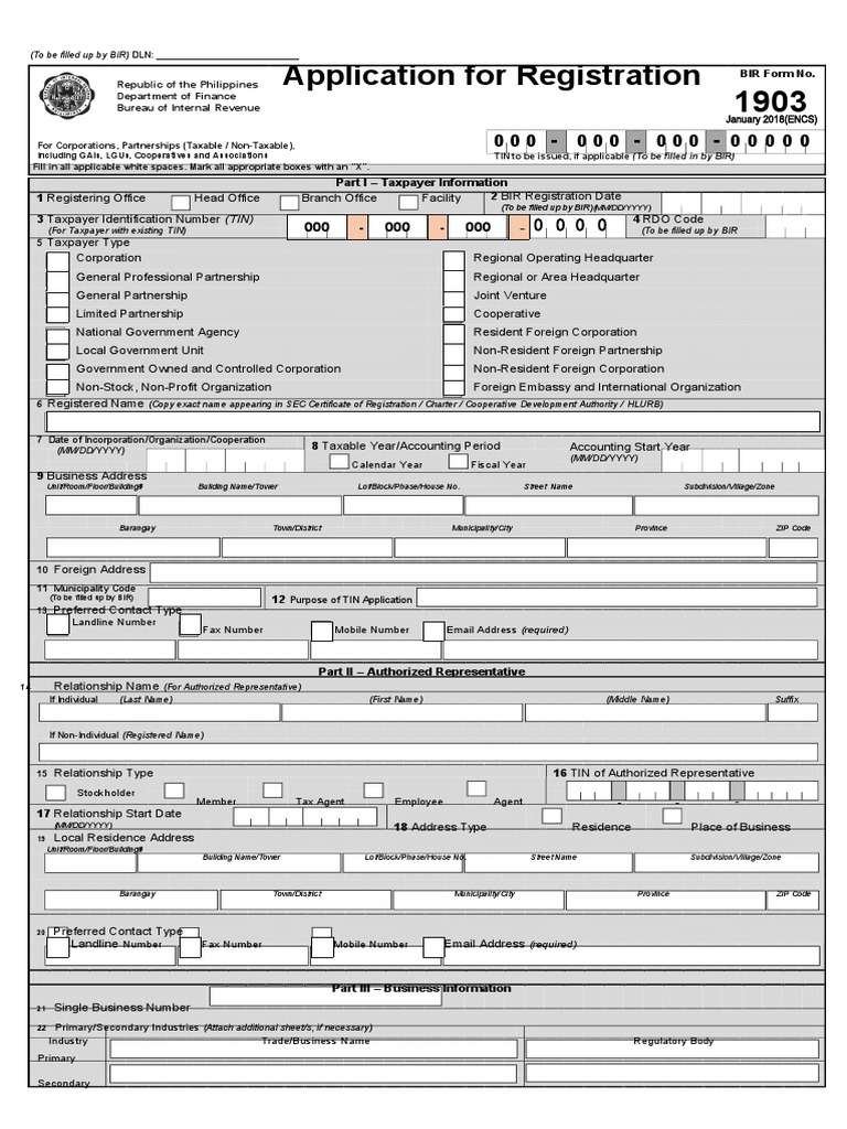 Application For Registration: Republic of The Philippines BIR Form No ...