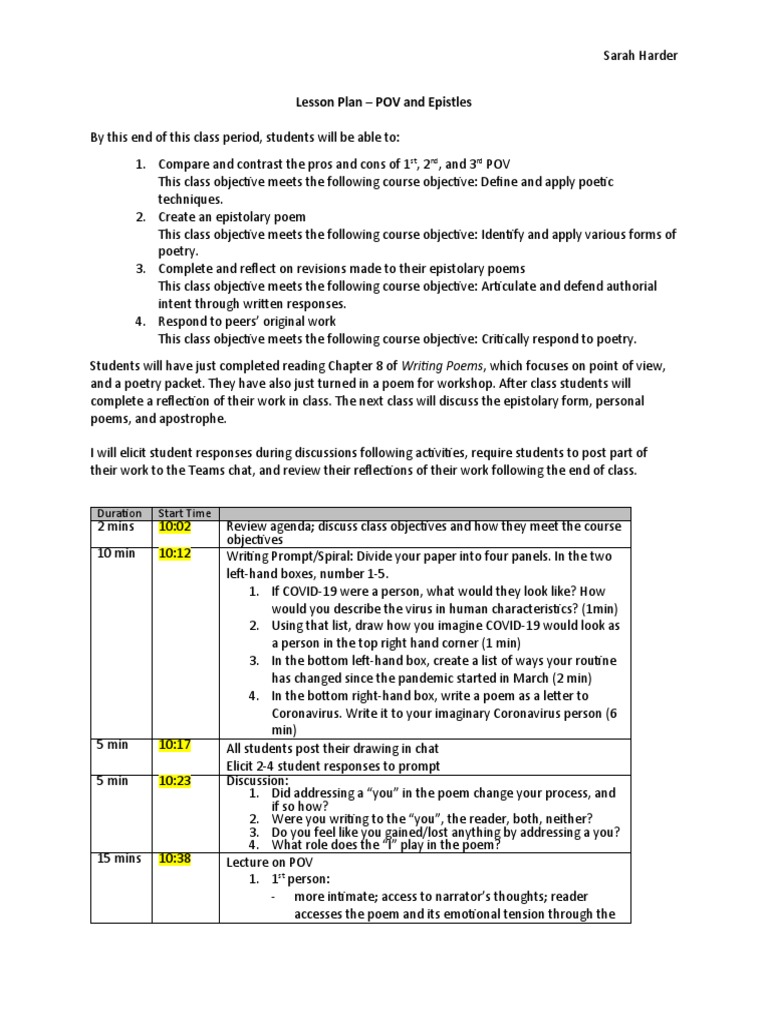 Lesson Plan - POV and Epistles: Duration Start Time | PDF | General Fiction