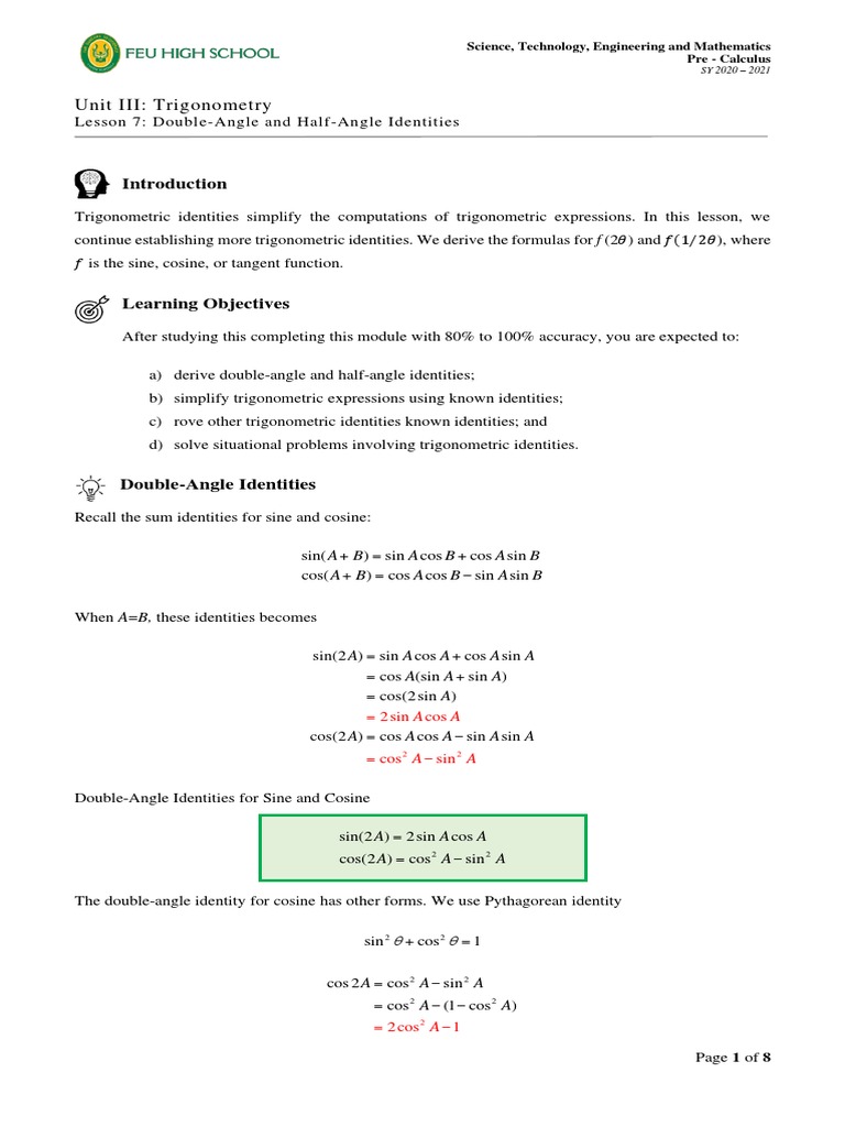 Study Guide 3.7 - Double and Half Angle Identities | PDF ...
